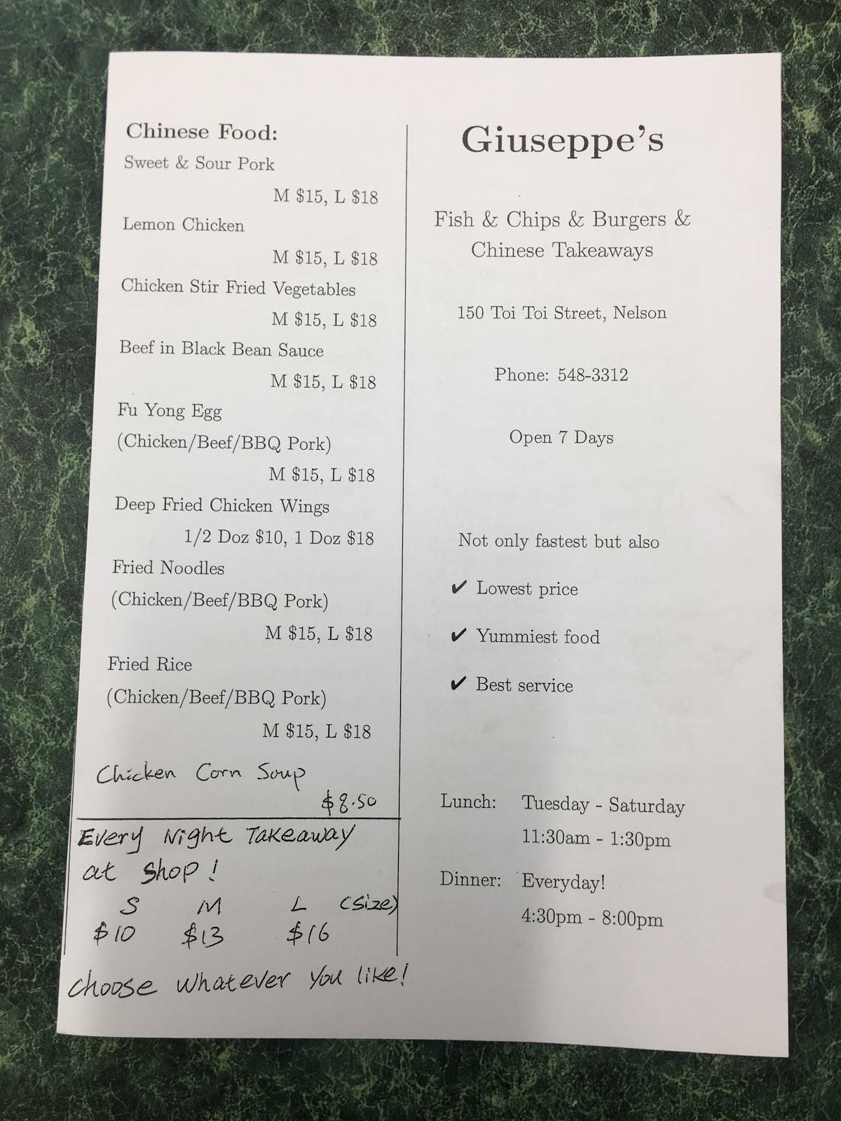 Menu at Giuseppes Fish & Chips & Burgers restaurant, Nelson