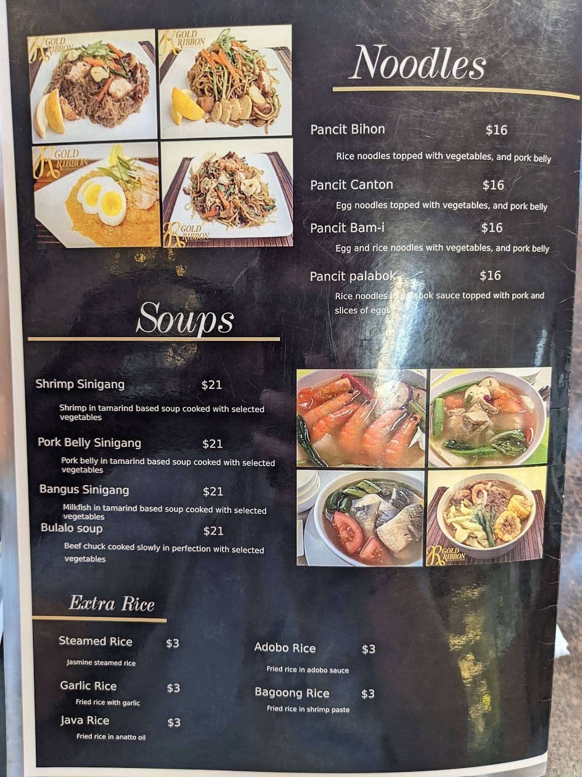 Menu at Gold Ribbon restaurant, Auckland
