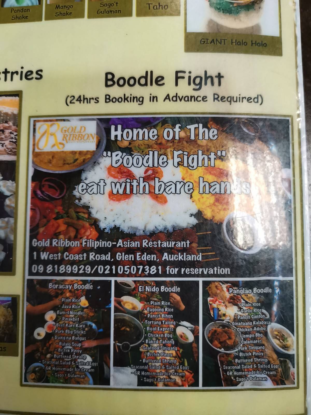 Menu at Gold Ribbon restaurant, Auckland