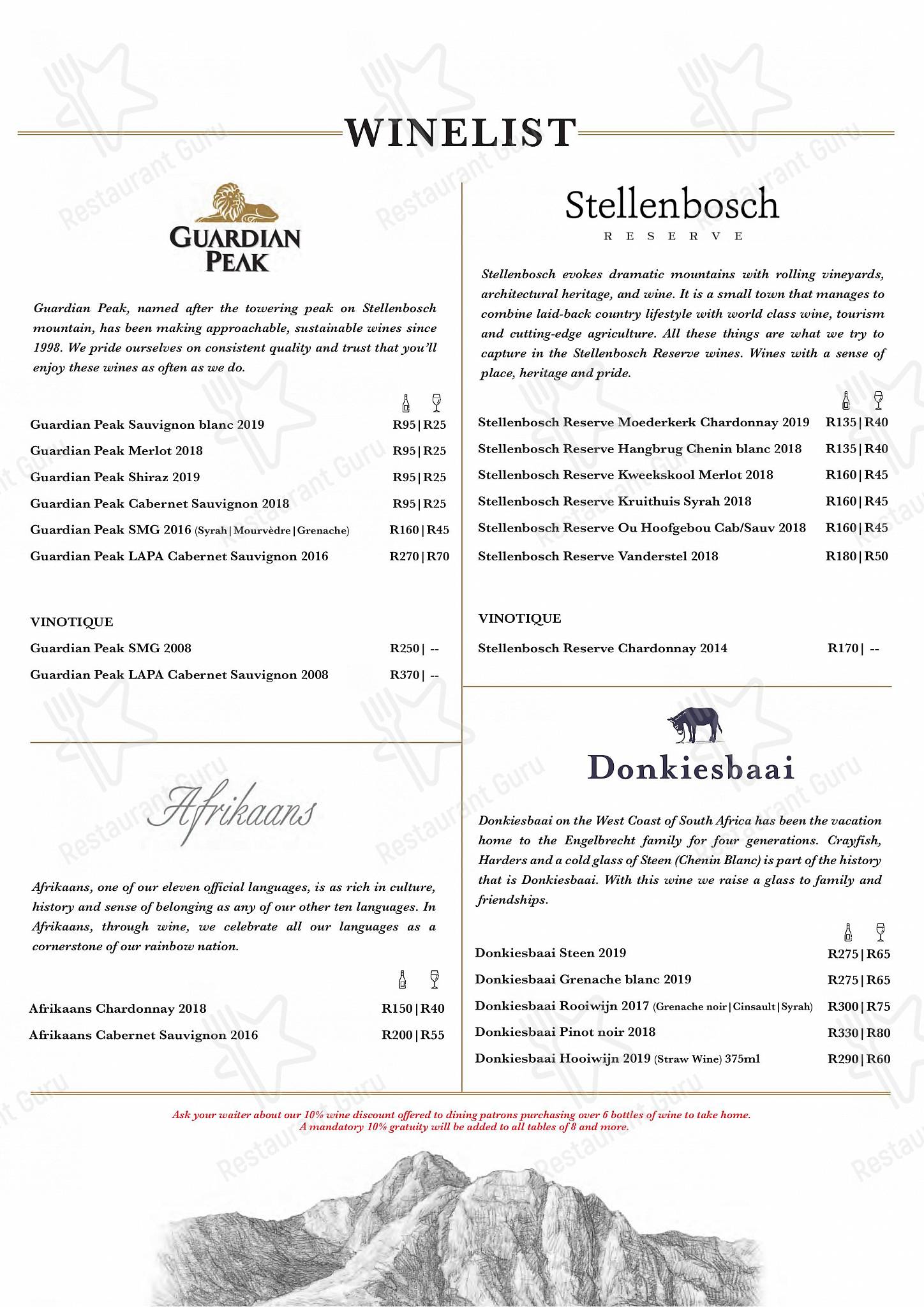 Menu at Guardian Peak Winery & Grill restaurant, Stellenbosch