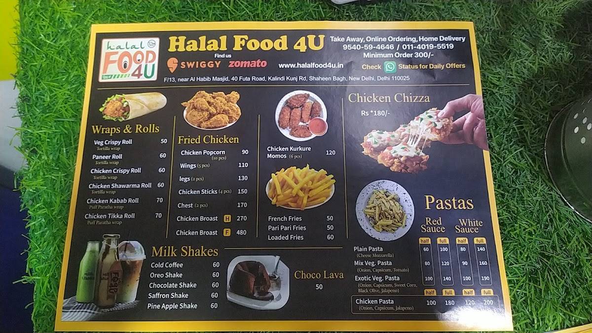 Menu at Halal Food 4U, New Delhi, C-274/4.Near Bilal masjid Jarman Lane.