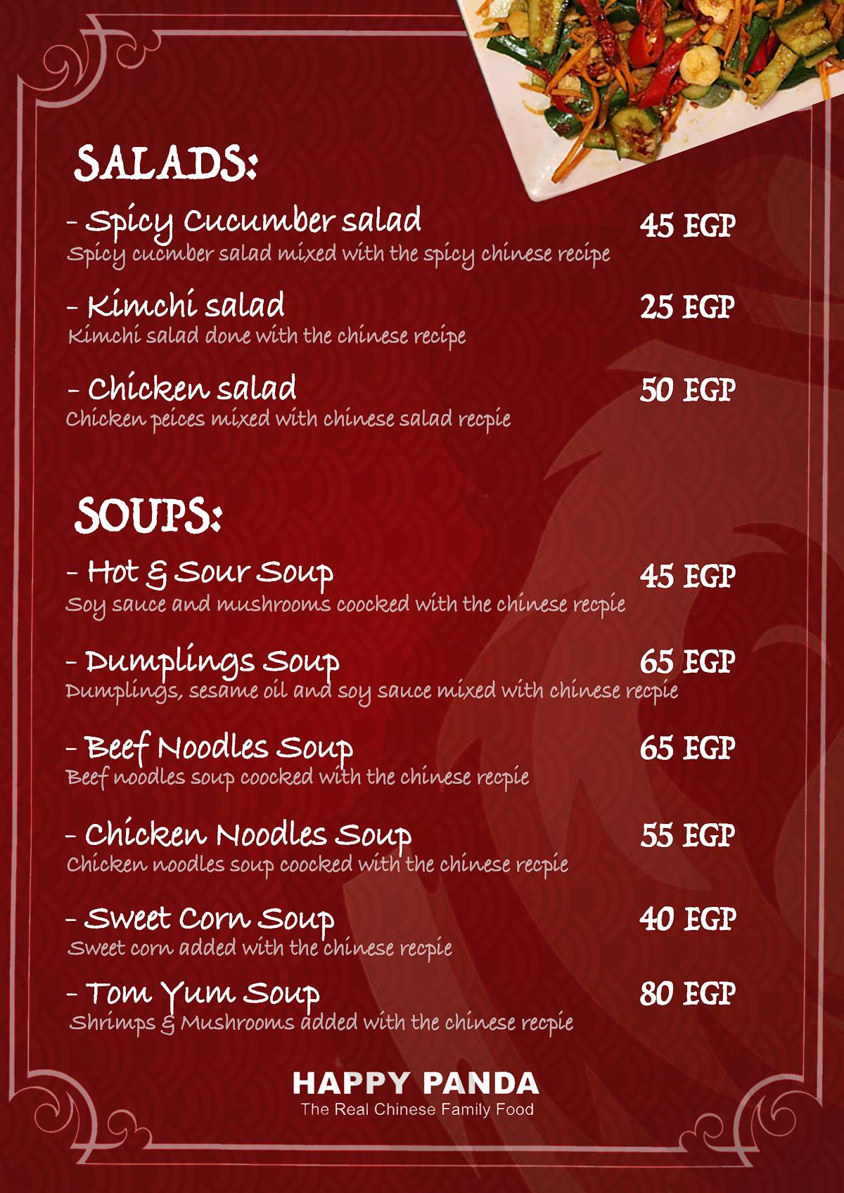 Menu at Happy panda restaurant, Cairo