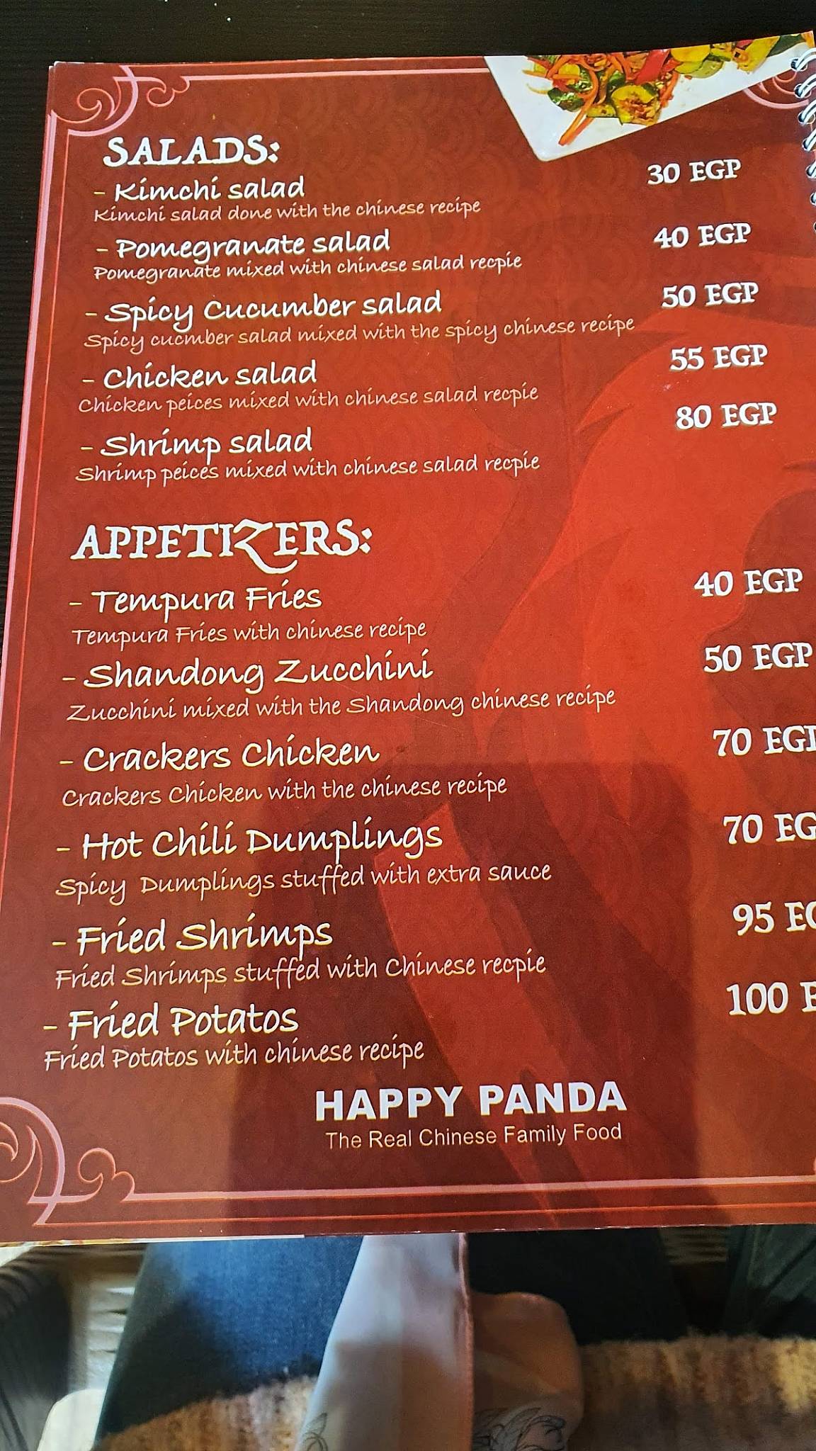 Menu at Happy panda restaurant, Cairo
