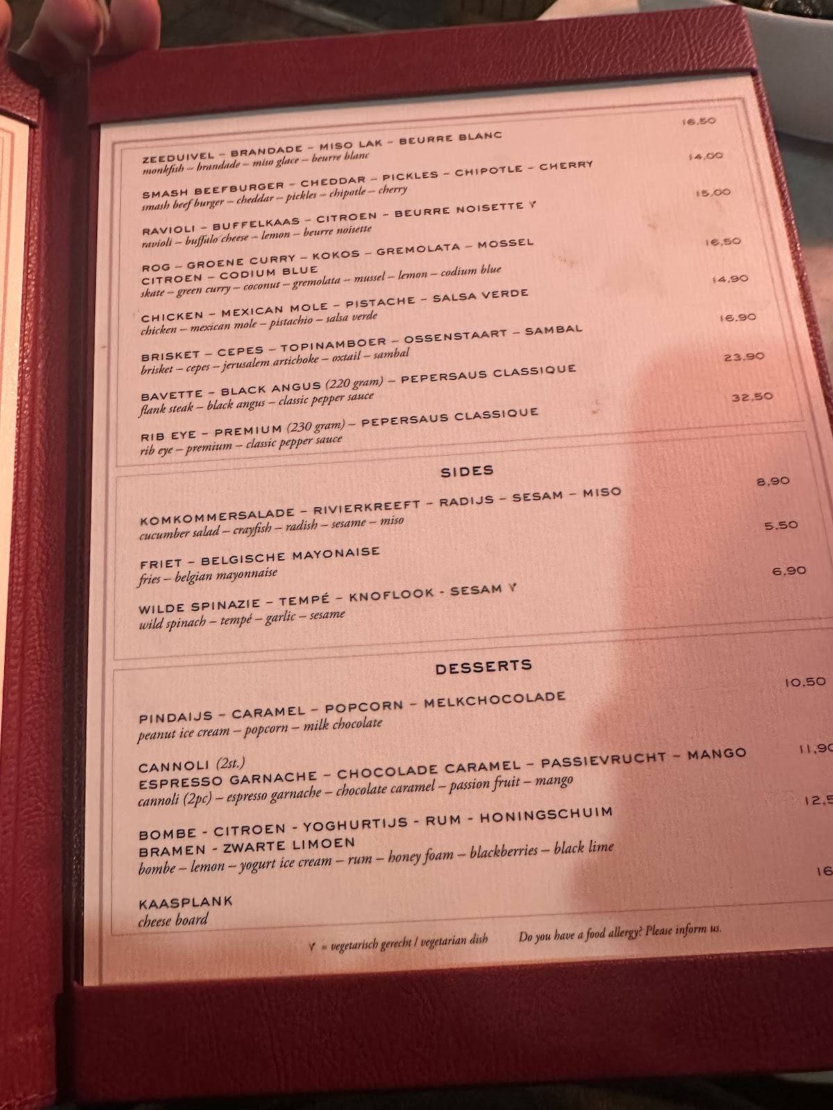 Menu at Restaurant Harper, The Hague