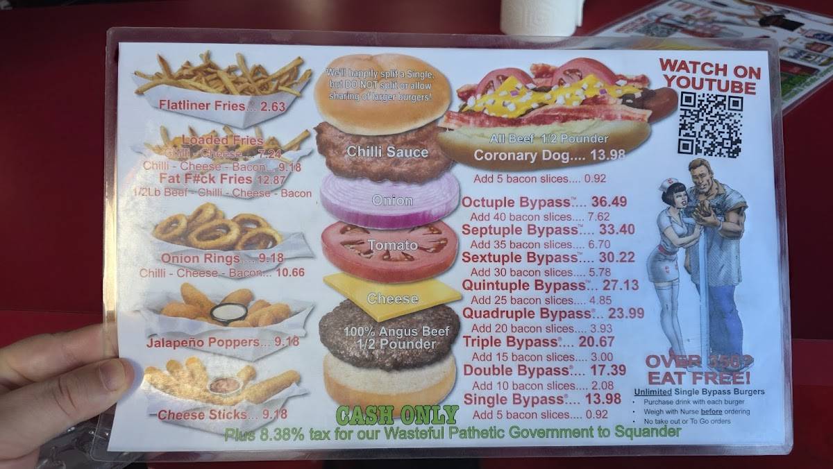 Menu at Heart Attack Grill restaurant, Las Vegas, 450 Fremont St #130