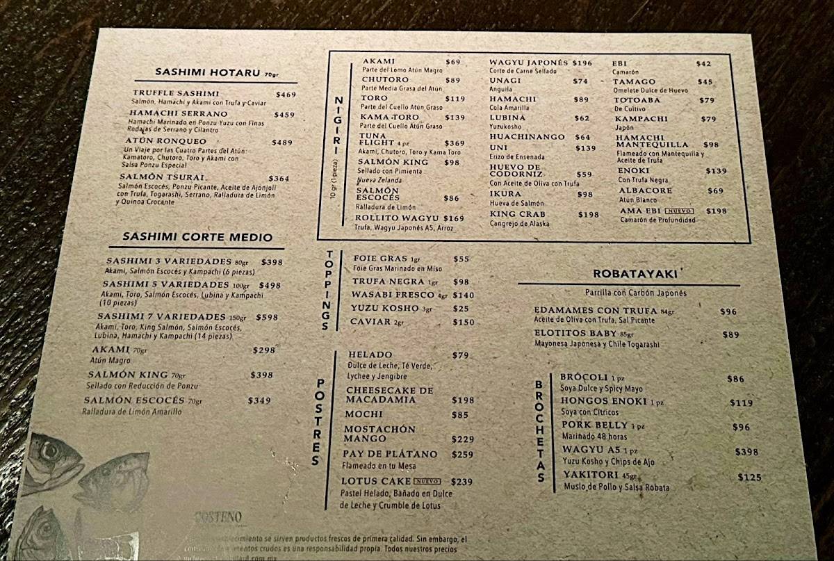 Carta del restaurante Hotaru Mitikah, Ciudad del México
