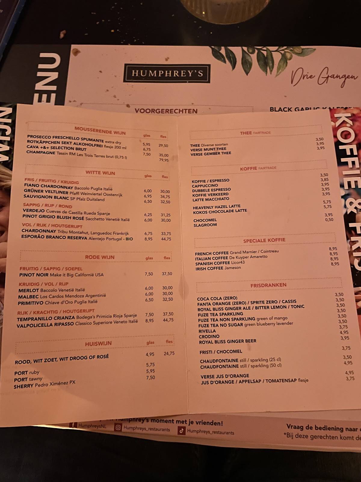 Menu at Humphrey's Restaurant Utrecht, Utrecht