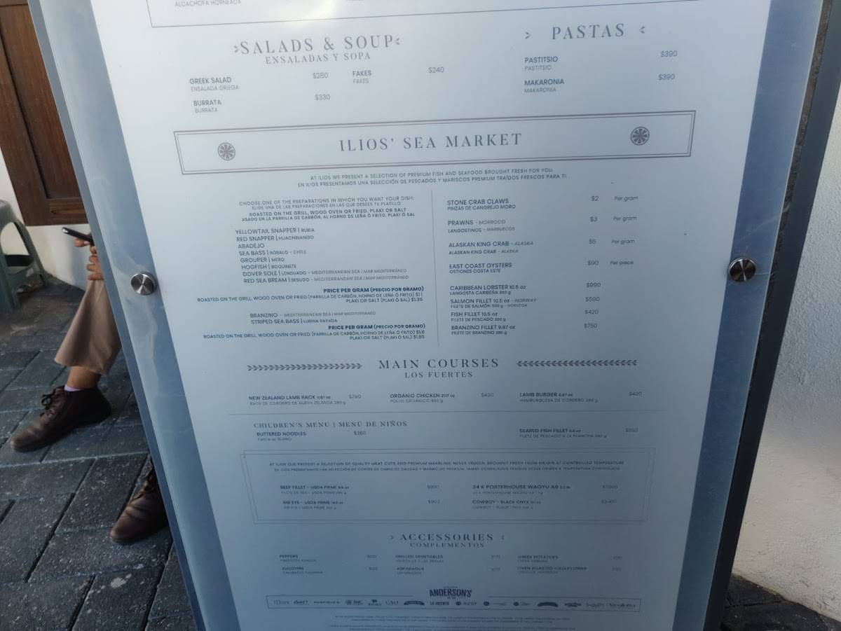 Carta de Ilios Greek restaurant in Cancun, Cancún