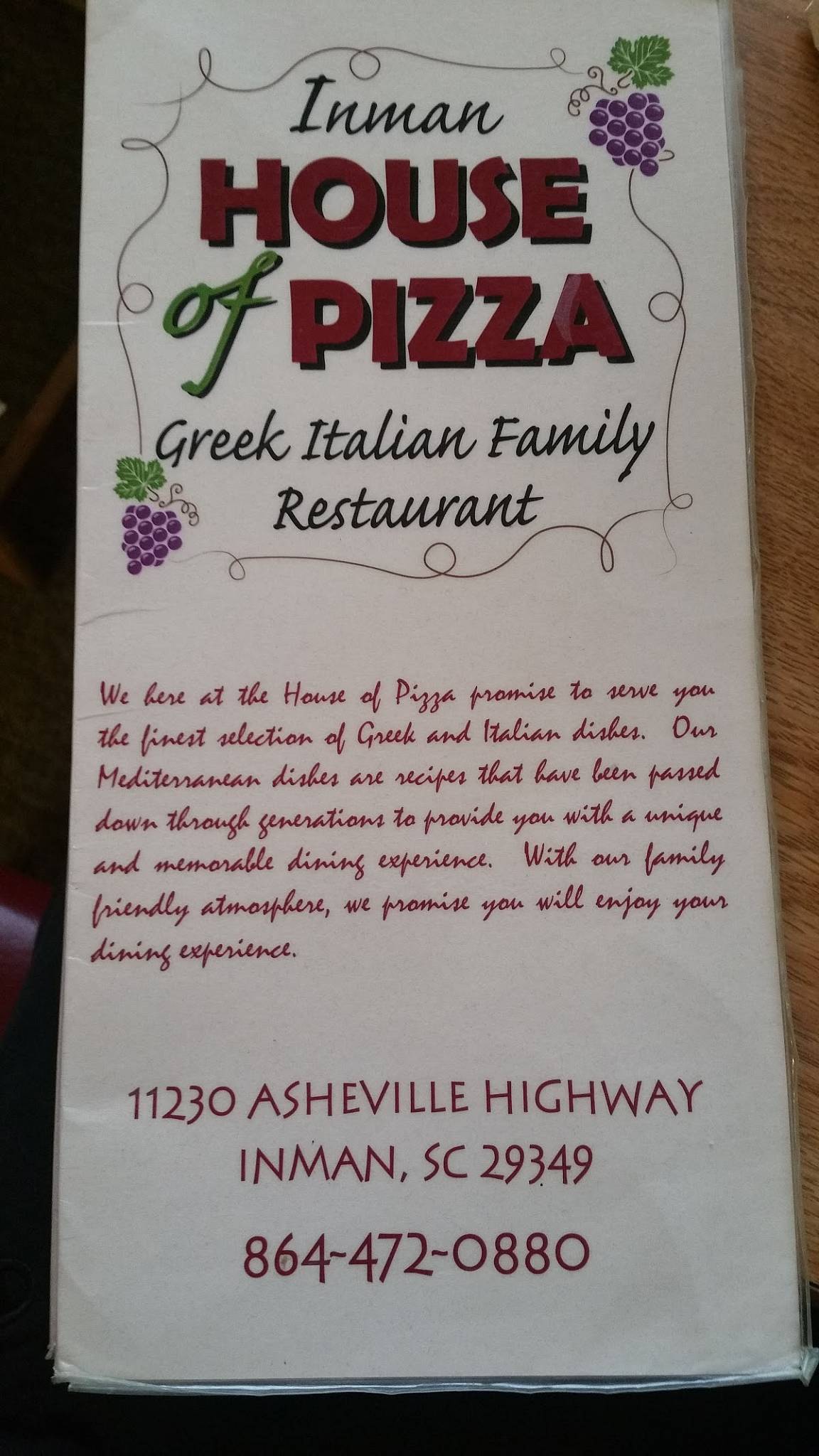 Menu at Inman House of Pizza restaurant, Inman