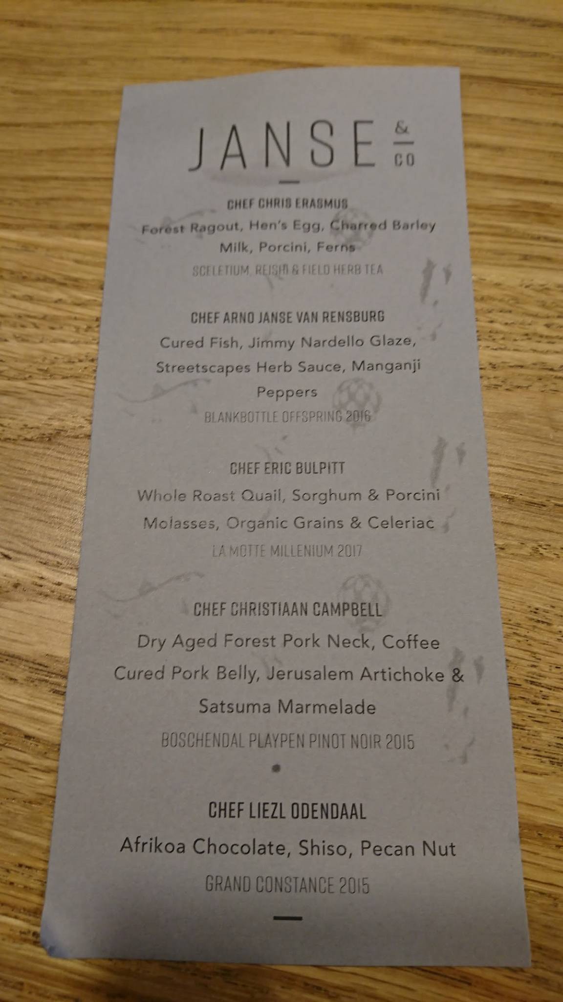Menu at Janse & Co restaurant, Cape Town, 75 Kloof St