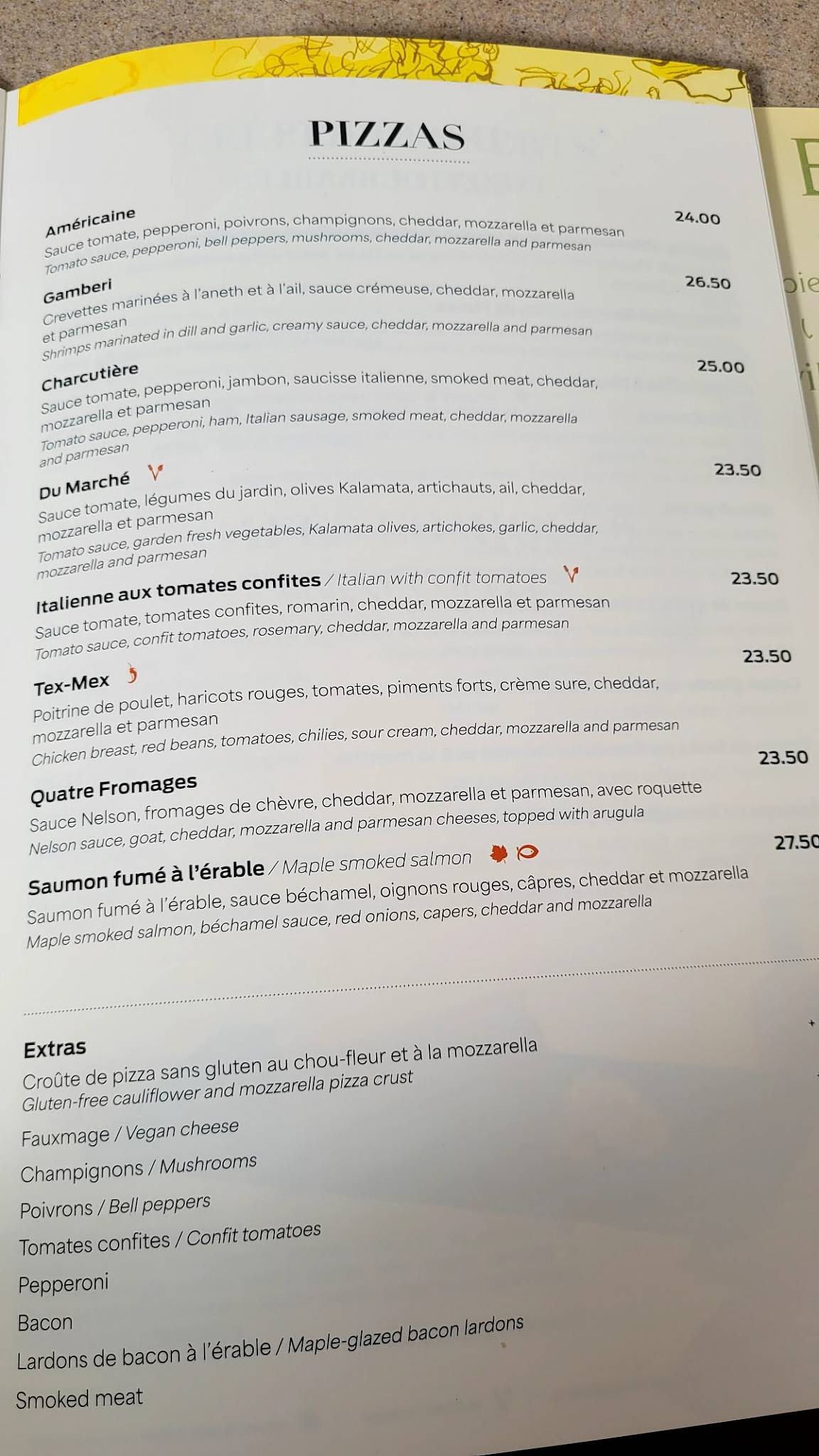 Menu au Jardin Nelson restaurant, Montréal
