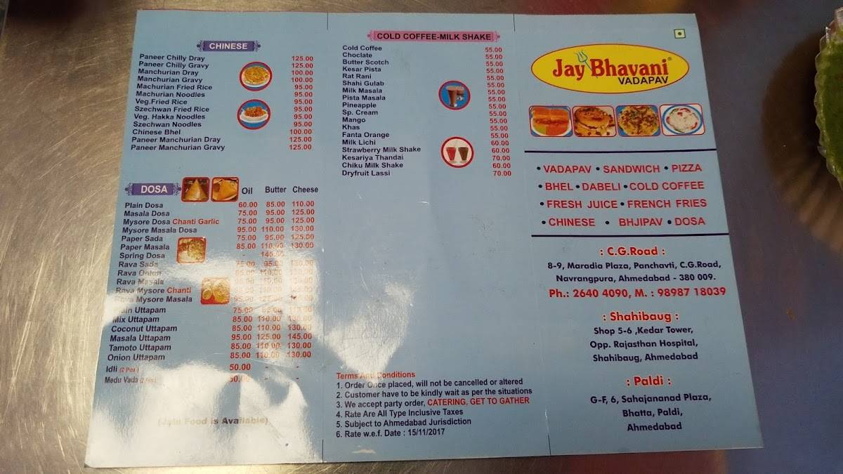 Menu at Jay Bhavani Vadapav, Ahmedabad, G-9 Jyoti Plaza