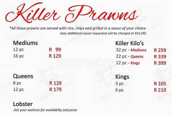 Menu at Jimmy's Killer Prawns Westwood restaurant, Durban, Shop L45
