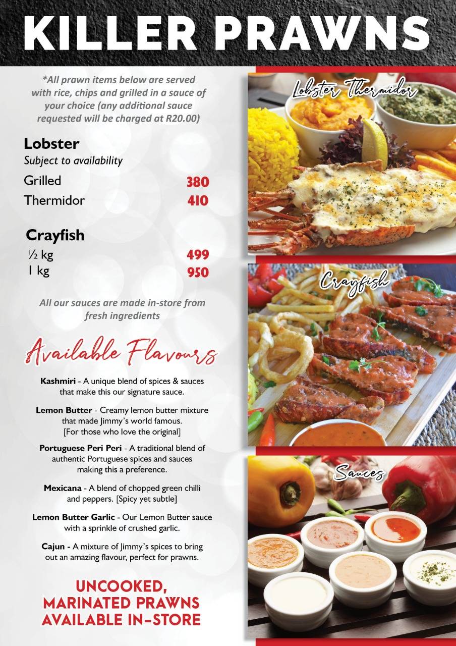 Menu at Jimmy's Killer Prawns Gateway restaurant, Umhlanga, Shop G340 ...
