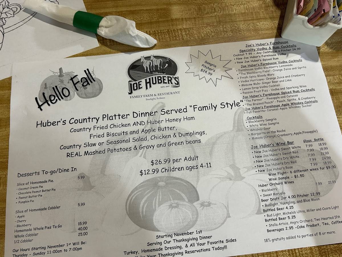 Menu at Joe Huber's Family Farm & Restaurant, USA