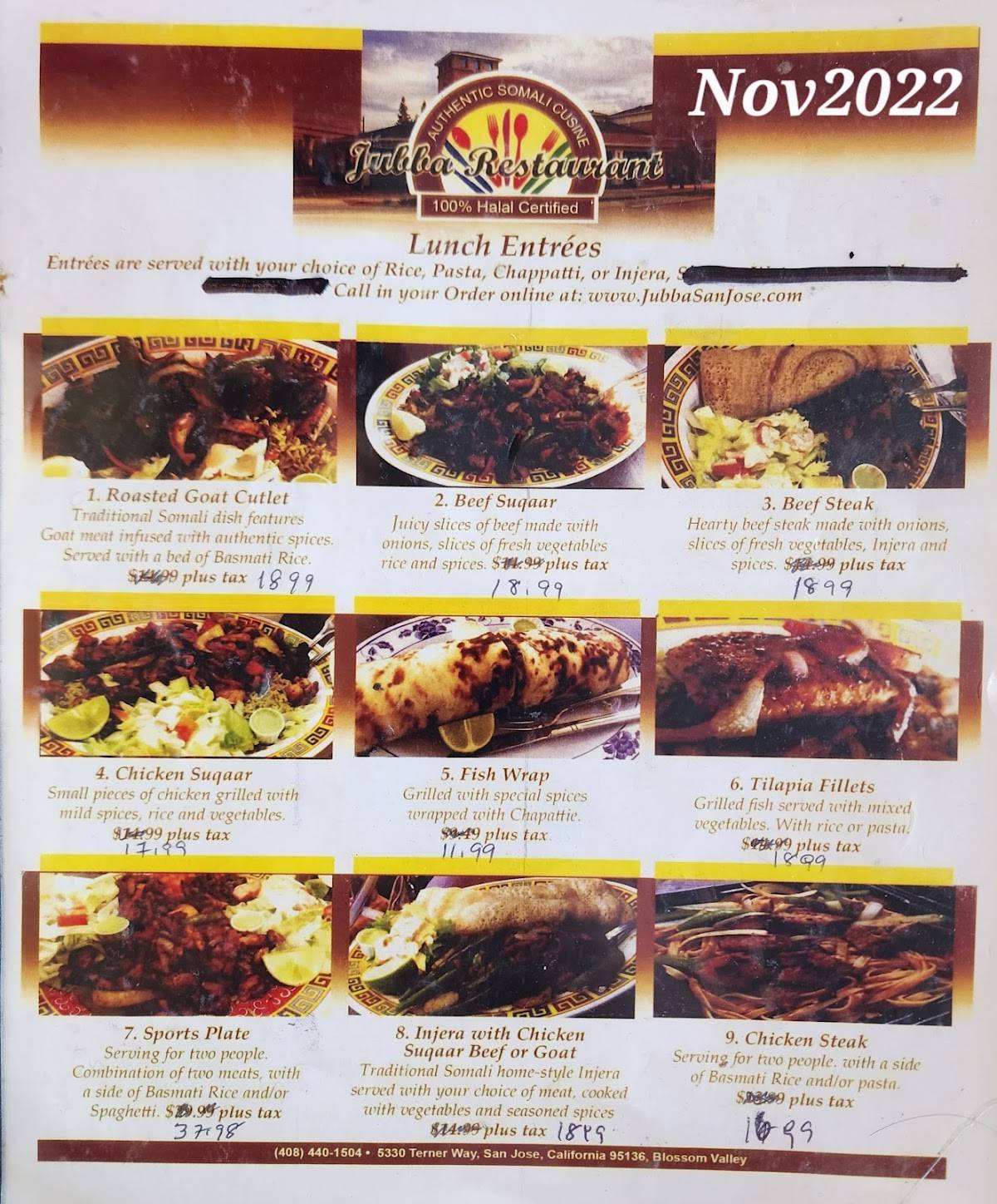 Menu at Jubba Somali Restaurant, San Jose