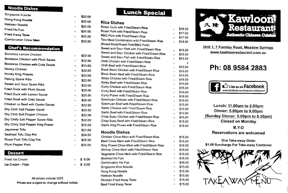 Menu at Kawloon Restaurant, Mandurah