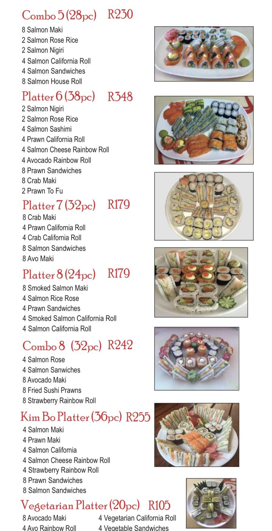 Menu at Kim Bo and Sushi waverley restaurant, Pretoria