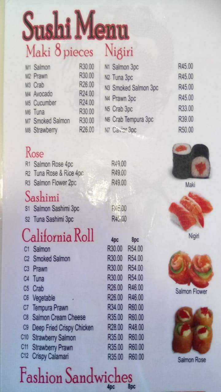 Menu at Kim Bo and Sushi waverley restaurant, Pretoria