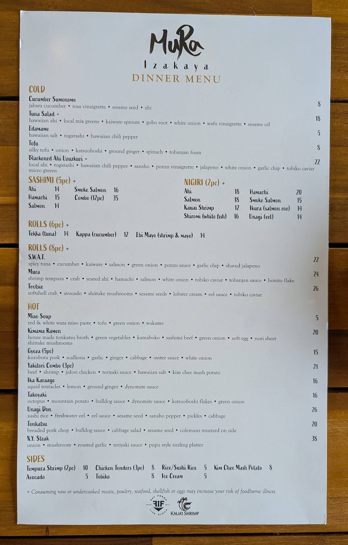 Menu at Kimama Ramen restaurant, Koloa
