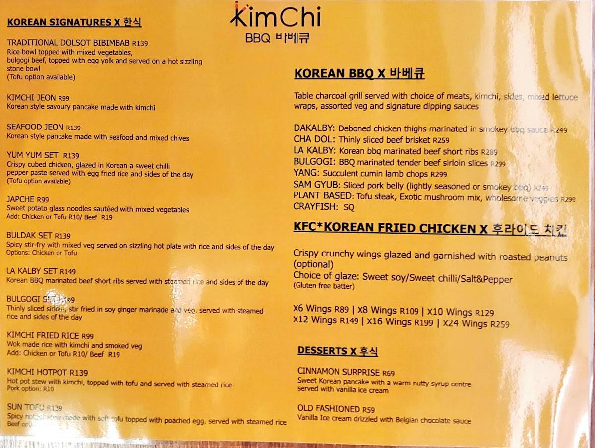 Menu at Kimchi BBQ Restaurant Sea Point, Cape Town