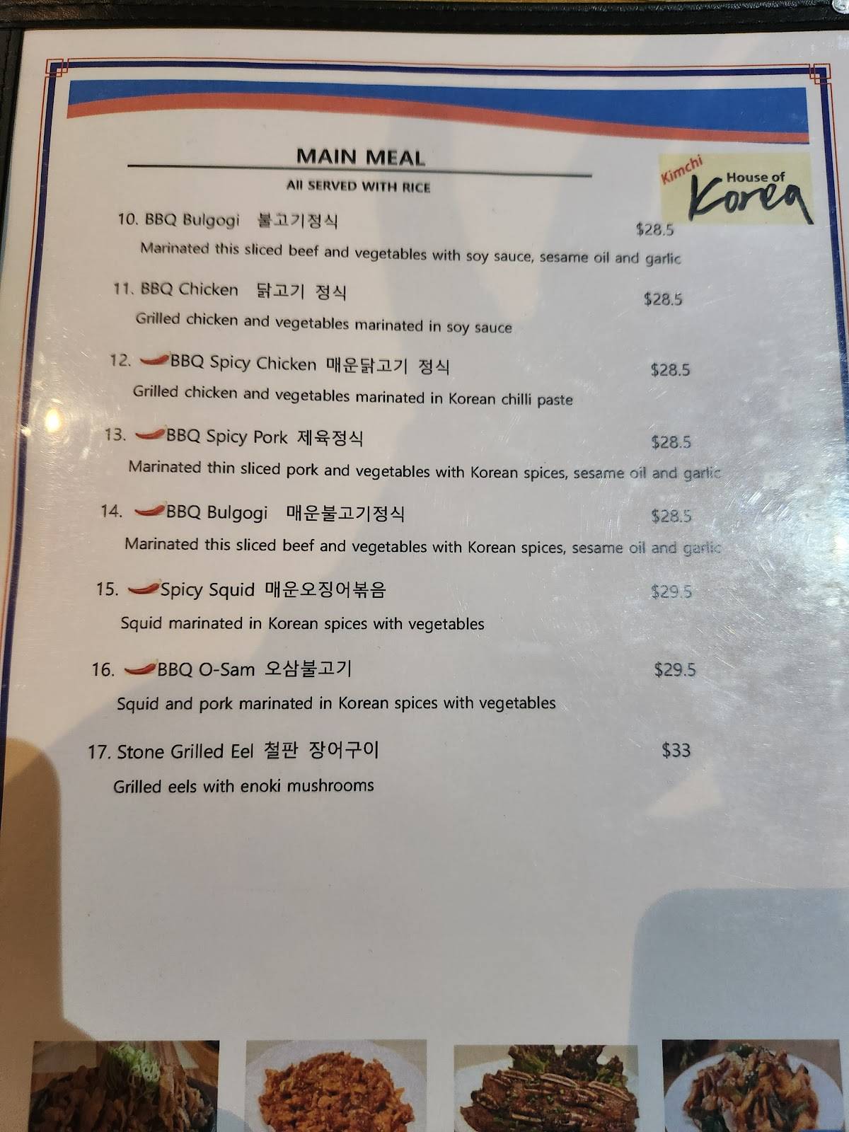 Menu at Kimchi House of Korea restaurant, Hamilton