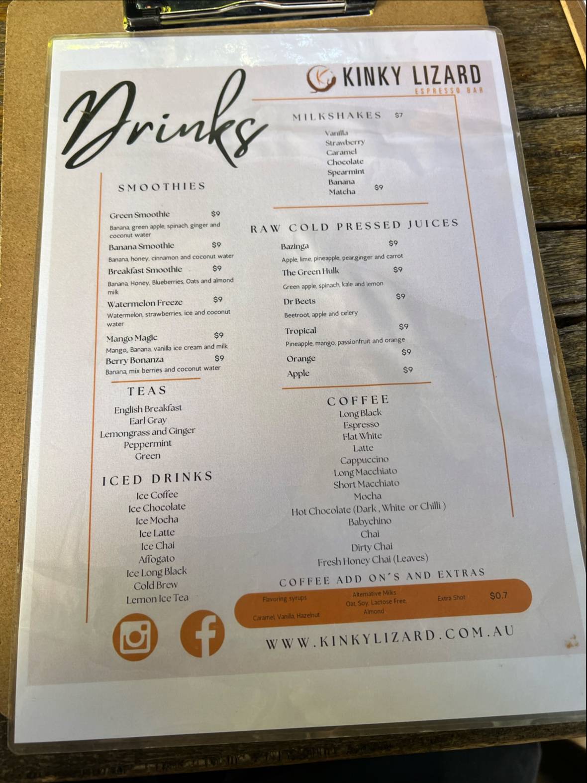 Menu at Kinky Lizard Cafe Espresso Bar, East Perth, 78a/20 Royal St