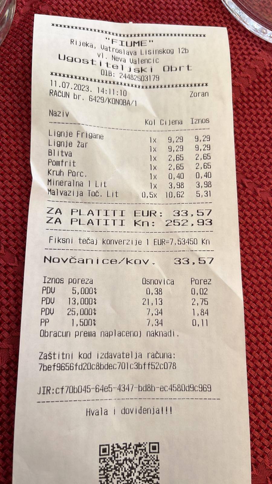 Menu at Konoba Fiume restaurant, Rijeka