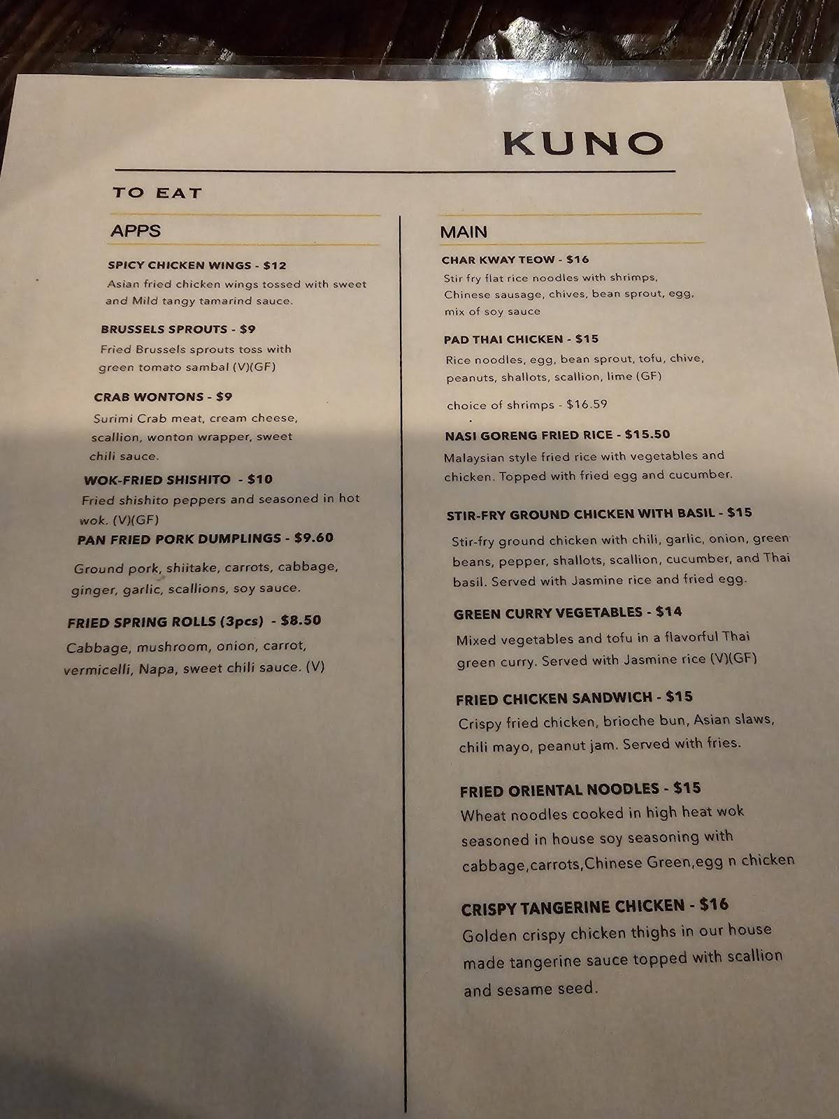 Menu at Kuno restaurant, Portland