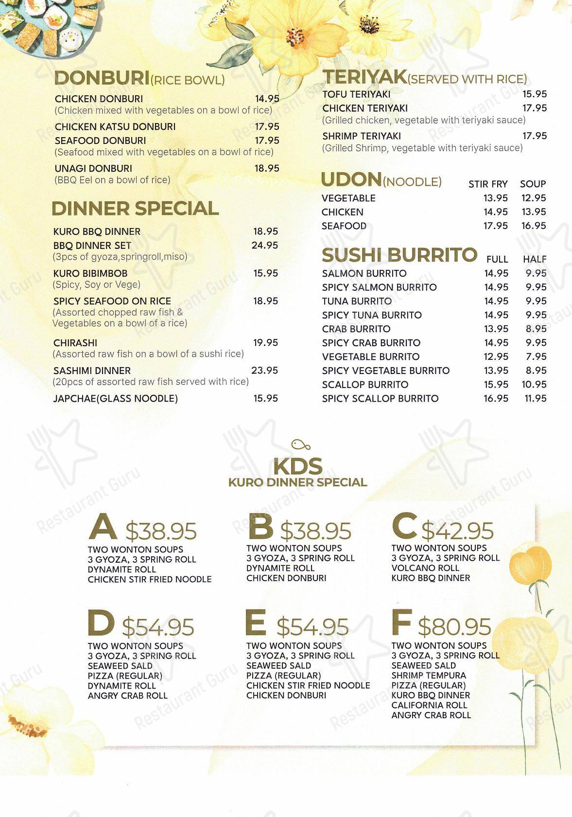 Menu at Kuro sushi restaurant, Shediac