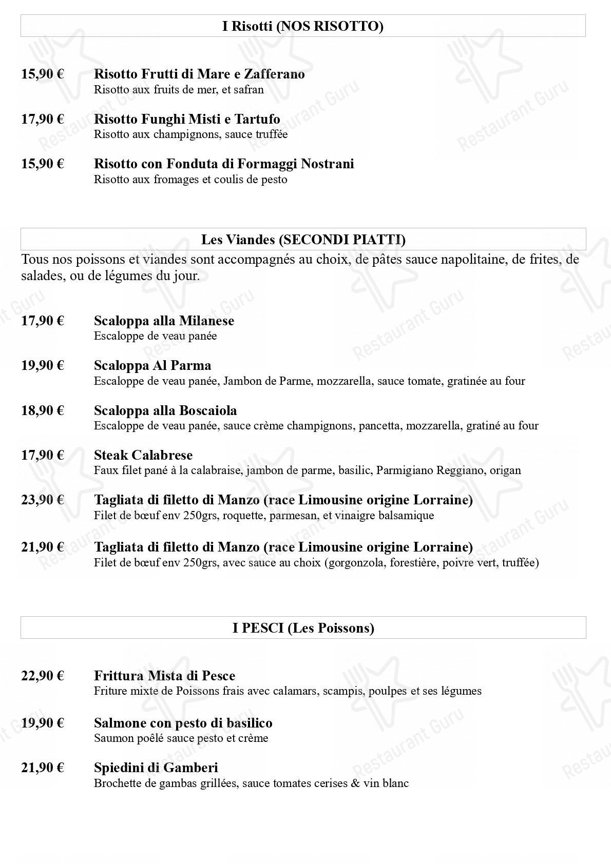 Menu at l'Osteria restaurant, Faro