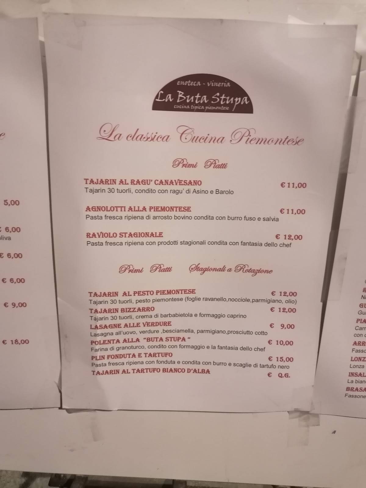 Menu da La Buta Stupa ristorante, Torino