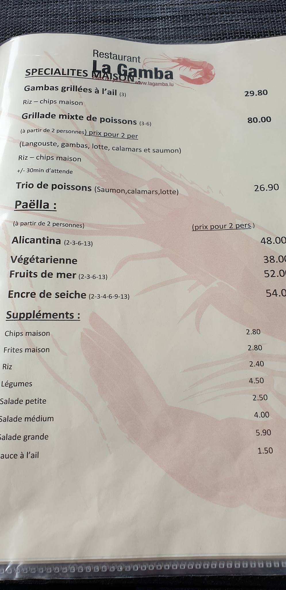 Menu au Restaurant La Gamba, Luxembourg