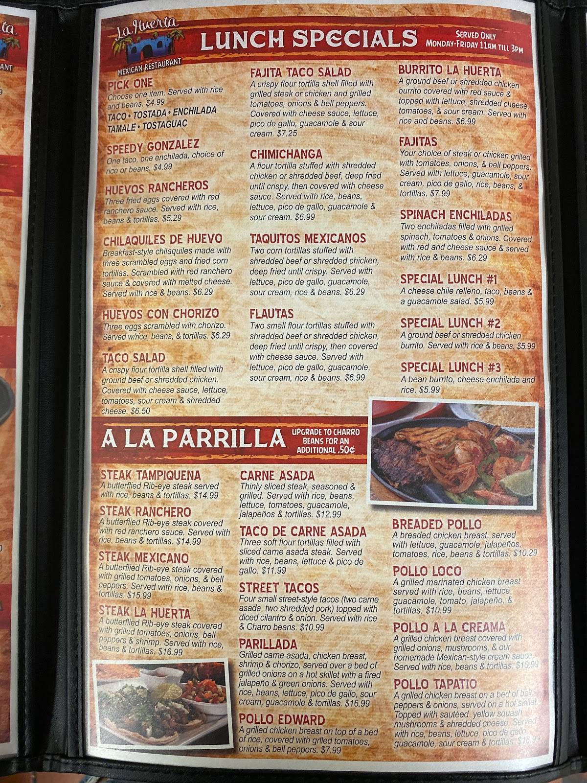 Menu at La Huerta restaurant, Poteau