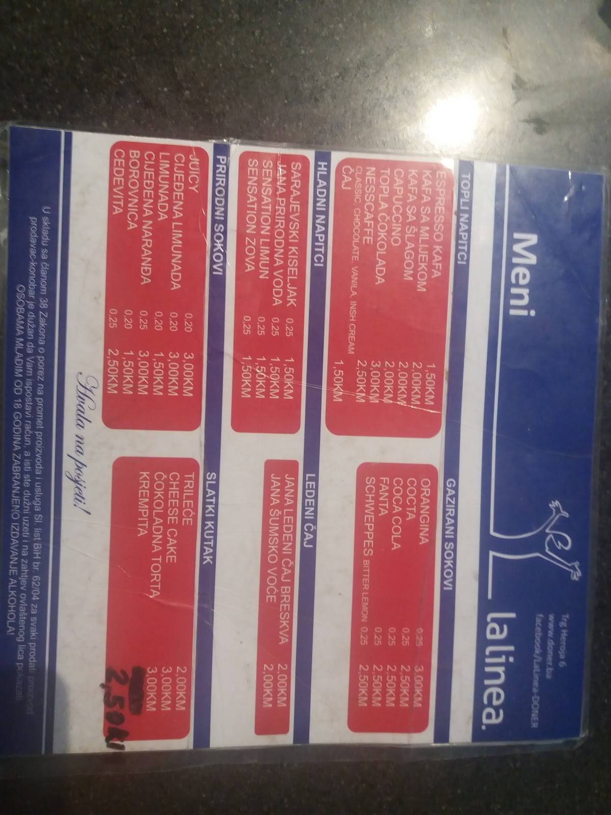 Menu au La Linea restaurant, Sarajevo