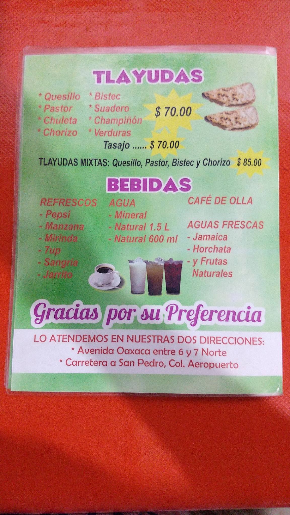 Carta de La Parrilla Mixteca (Tacos), Puerto Escondido