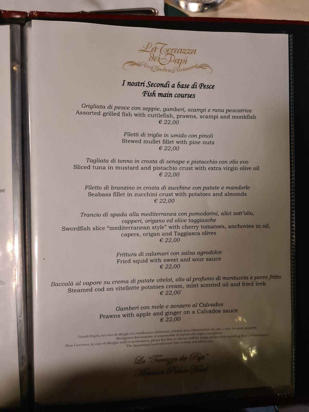 Carta de La Terrazza dei Papi Rooftop Restaurant, Roma
