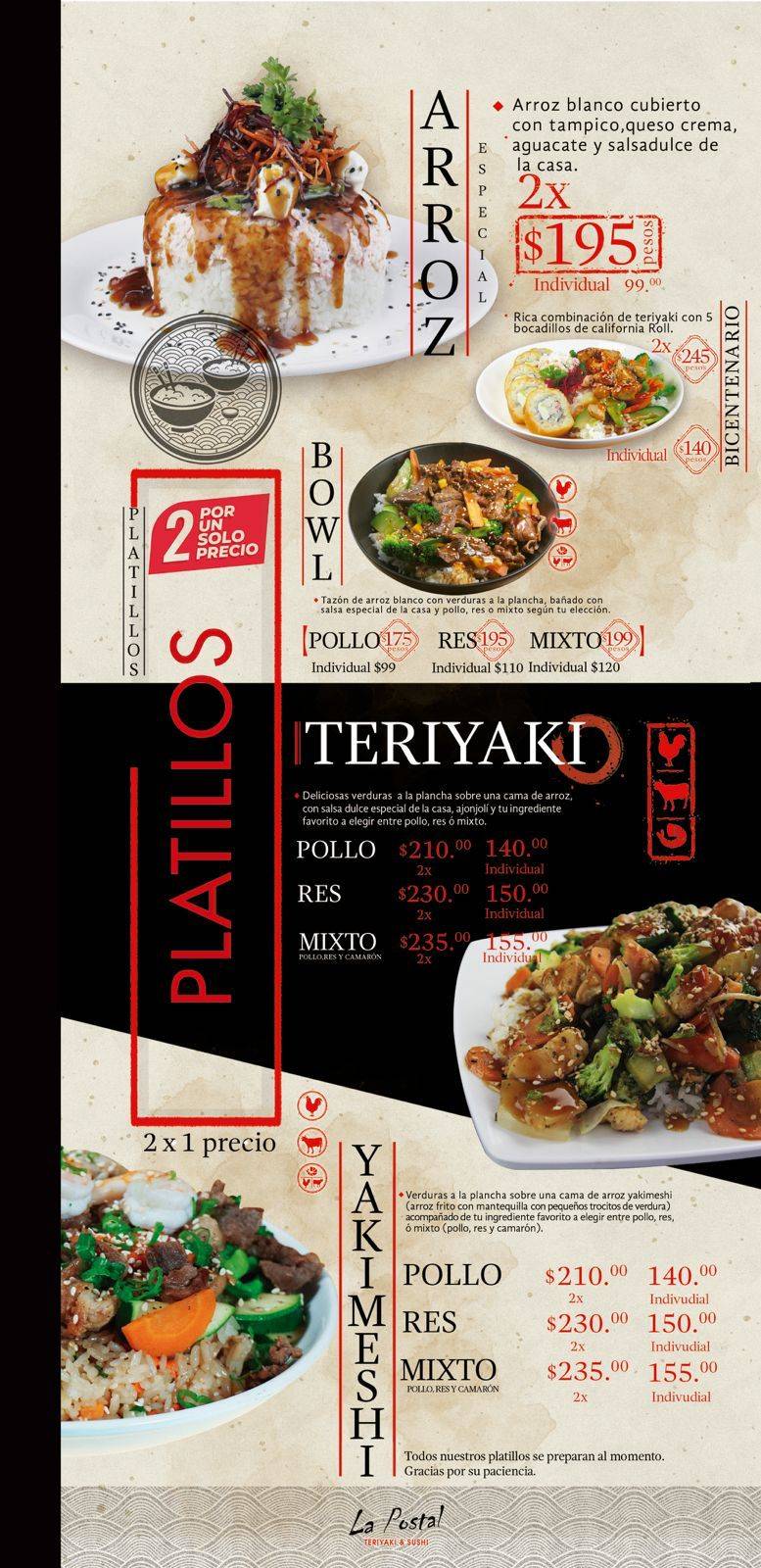 Carta del restaurante La postal sushi y teriyaki Sucursal Cacho, Tijuana