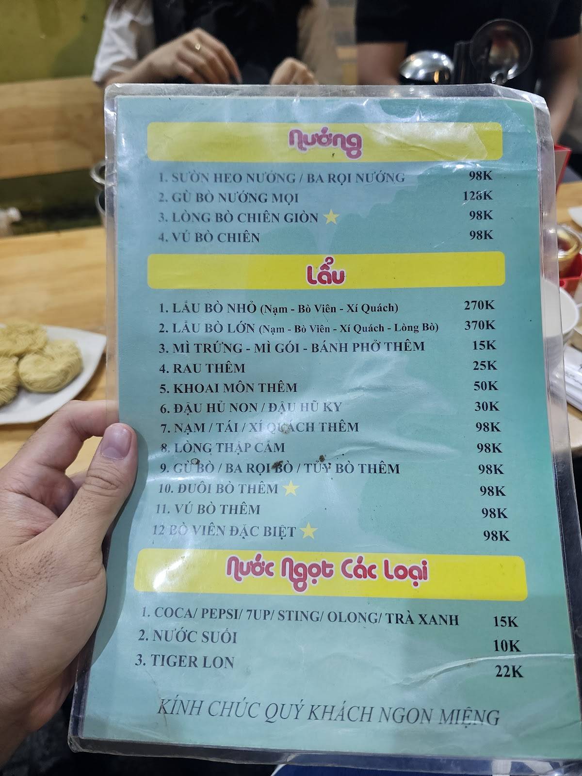 Menu at Lẩu bò Thằng Đậu restaurant, Ho Chi Minh City