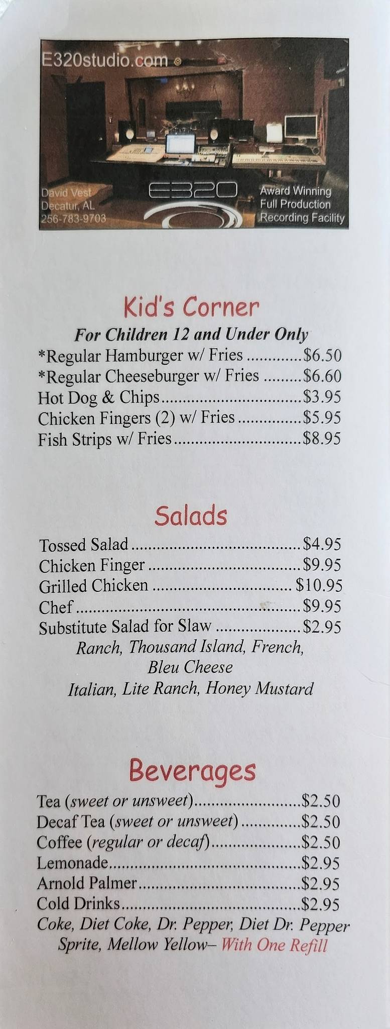 Menu at Little Libby's Catfish restaurant, Madison