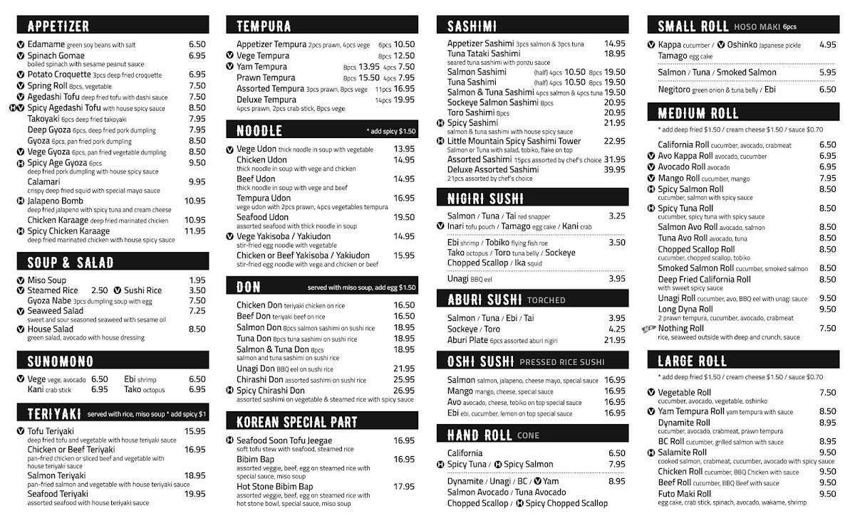 Menu at Little Mountain Sushi restaurant, Chilliwack