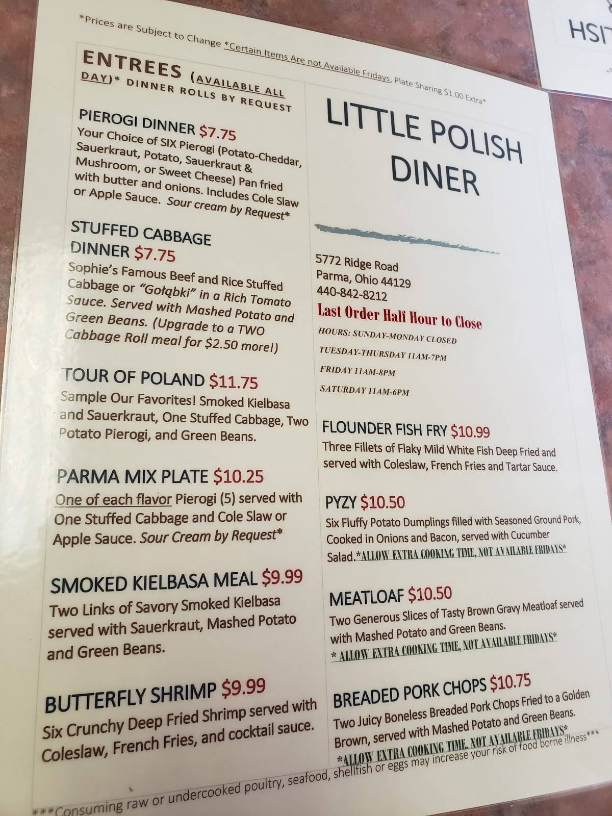 Menu at Little Polish Diner restaurant, Parma
