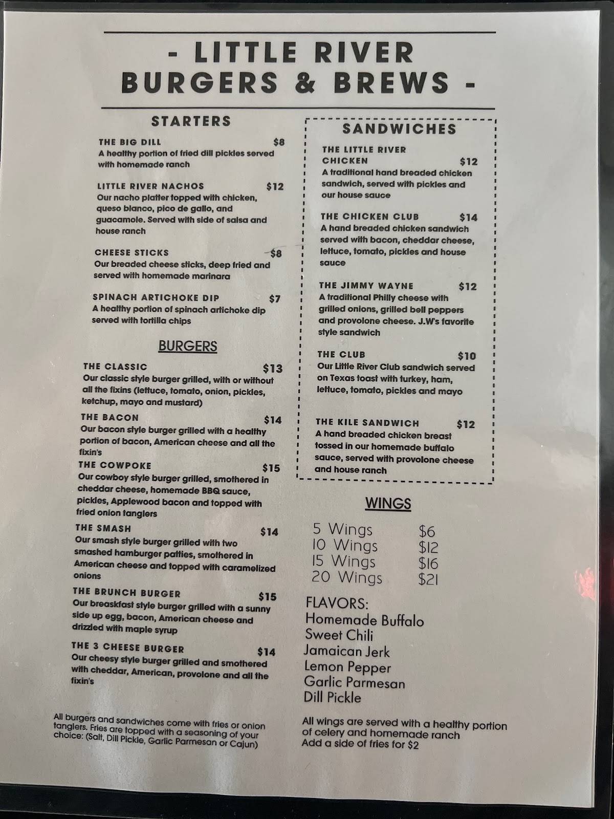 Menu at Little River Burgers & Brews restaurant, Fort Payne
