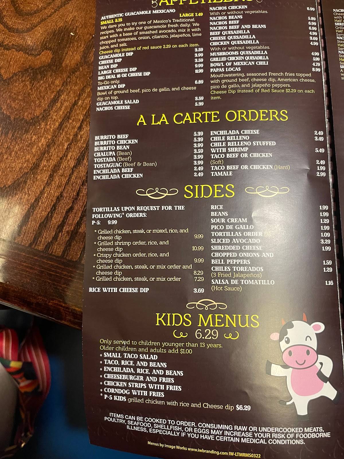 Menu at Los Toros restaurant, Tupelo, Oakview Dr