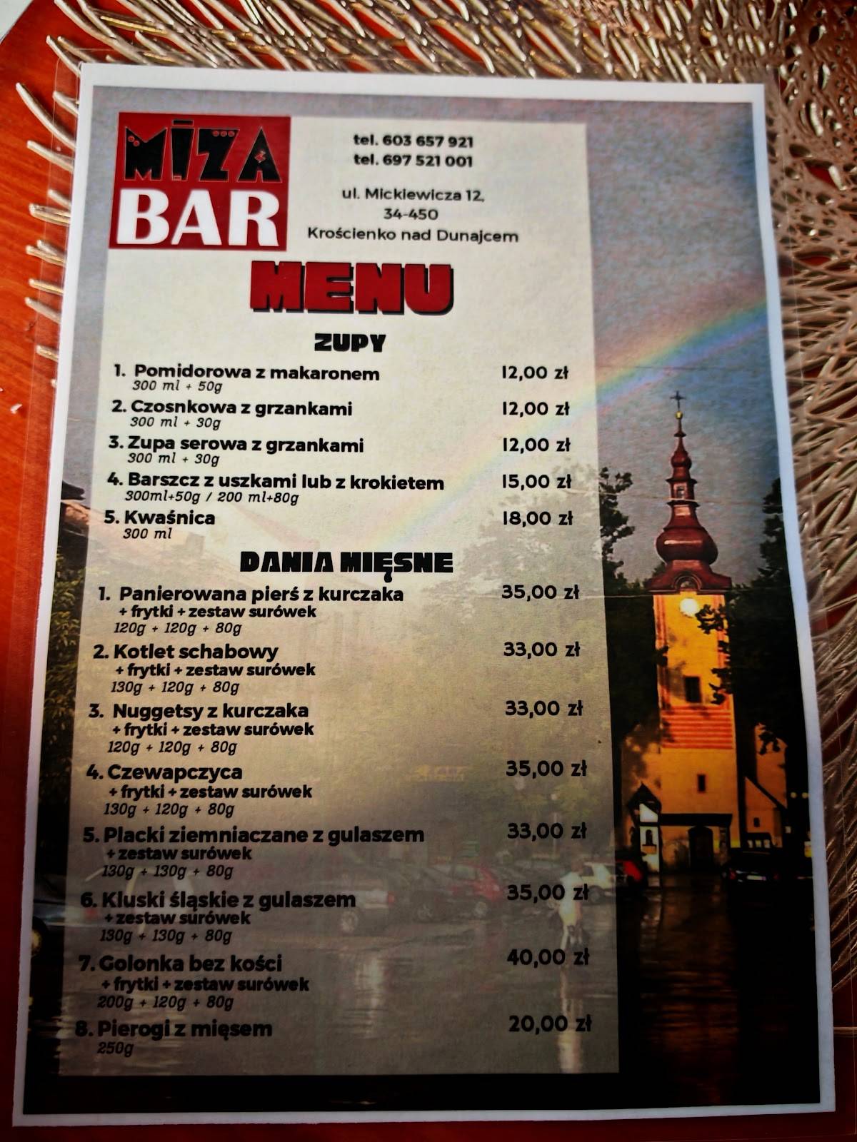 Menu at MIZA Bar, Krościenko nad Dunajcem