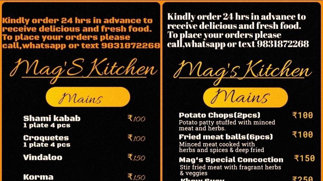 Menu at Mag's kitchen, Kolkata
