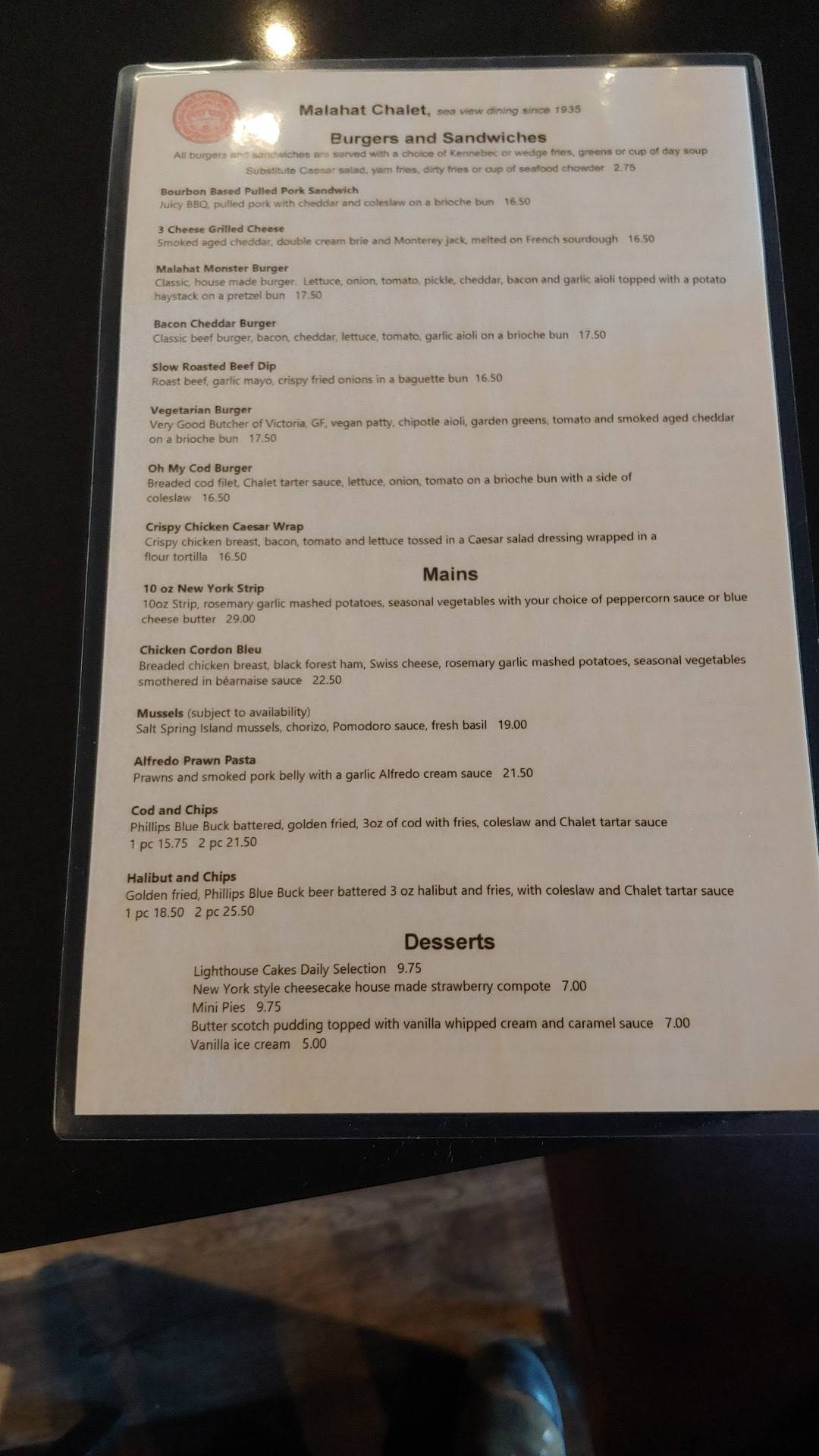 Menu at The Malahat Chalet restaurant, Malahat