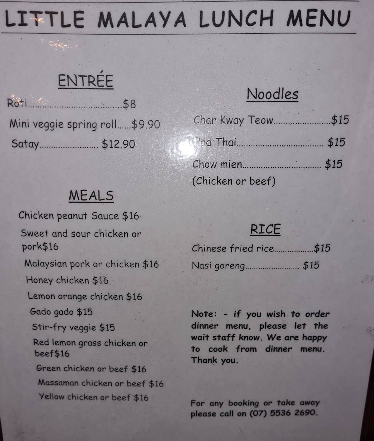 Menu at Malaya Restaurant, Tweed Heads, 32 Bay St