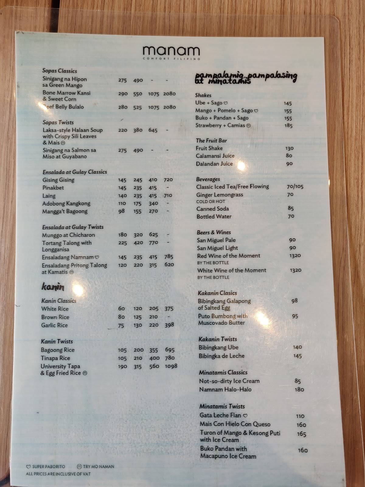 Carta del restaurante Manam SM Baguio, Baguio