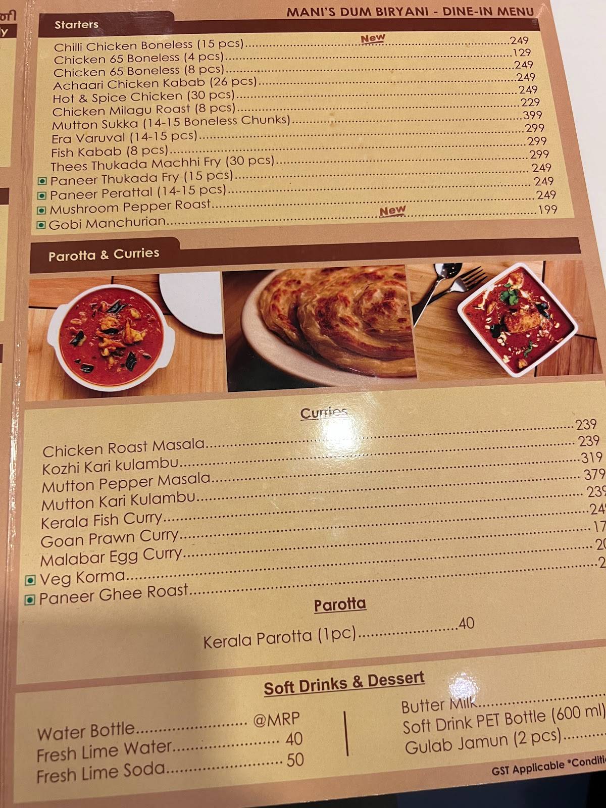 Menu at Mani's Dum Biryani - Thoraipakkam, Chennai
